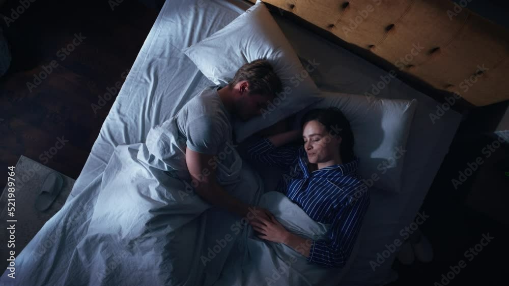 Top View Apartment: Happy Young Couple Sleeping in Bed at Night ...
