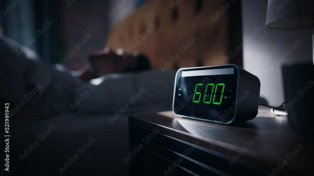 Man Wakes Up and Turns off Alarm Clock. Early Rising Productive Man ...