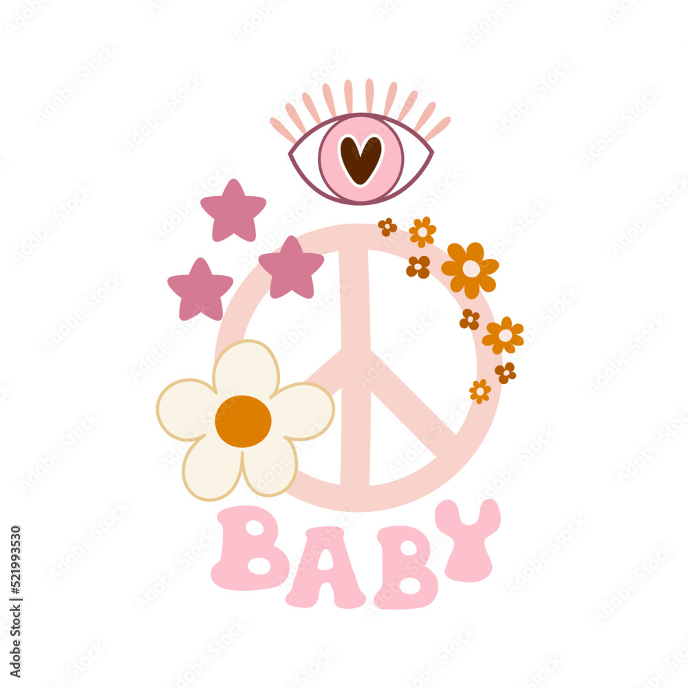 Vetor de Baby. Cartoon peace sign, flower, eye, hand drawing lettering ...