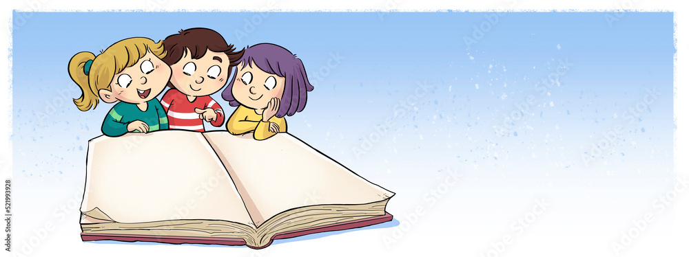 Illustration of three kids reading a giant book Stock Illustration ...