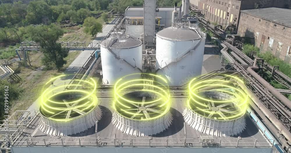Cooling tower from a drone. Wet cooling towers. Industrial cooling ...