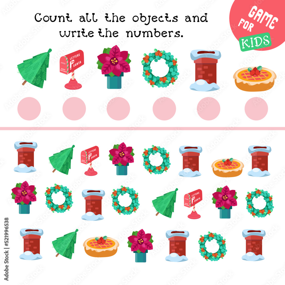 Game for children. Count and write the numbers. How many objects do you ...