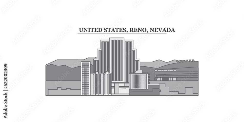 United States, Reno city skyline isolated vector illustration, icons ...