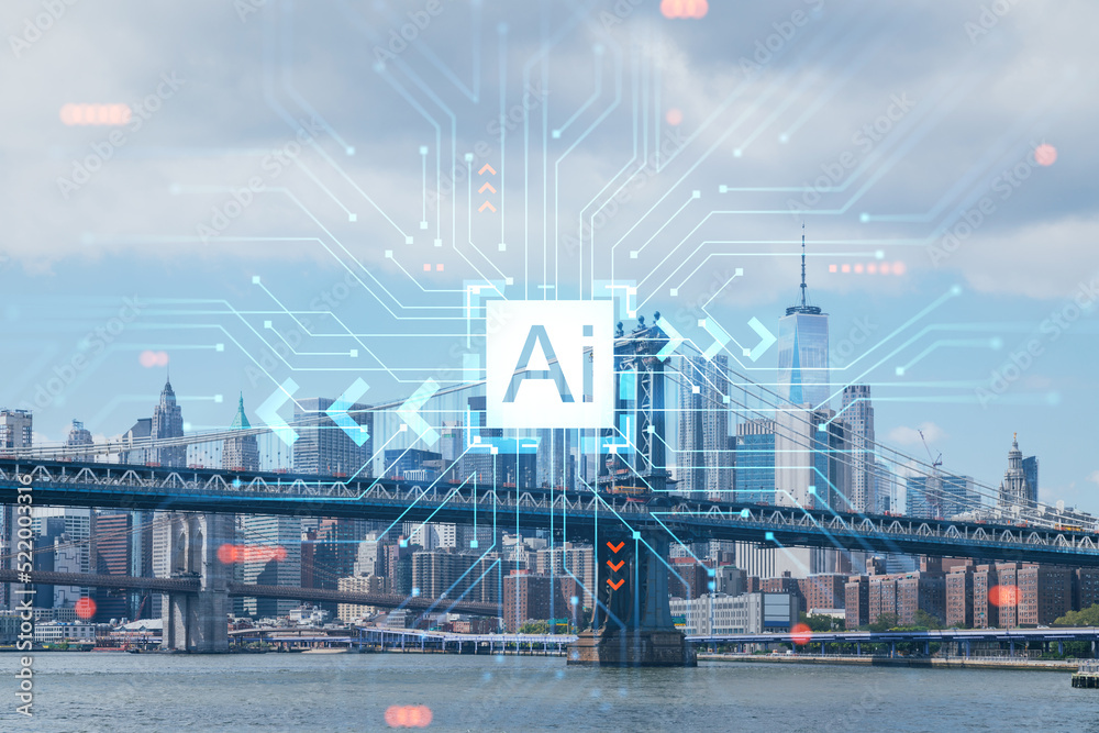 Brooklyn and Manhattan bridges, New York City financial downtown ...