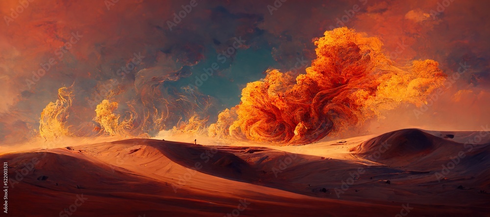 Post apocalyptic burning planet, barren desert dune landscape with ...