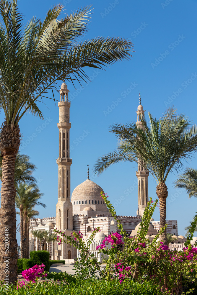 The beautiful Islamic Mustafa Mosque with a beautiful tropical garden ...