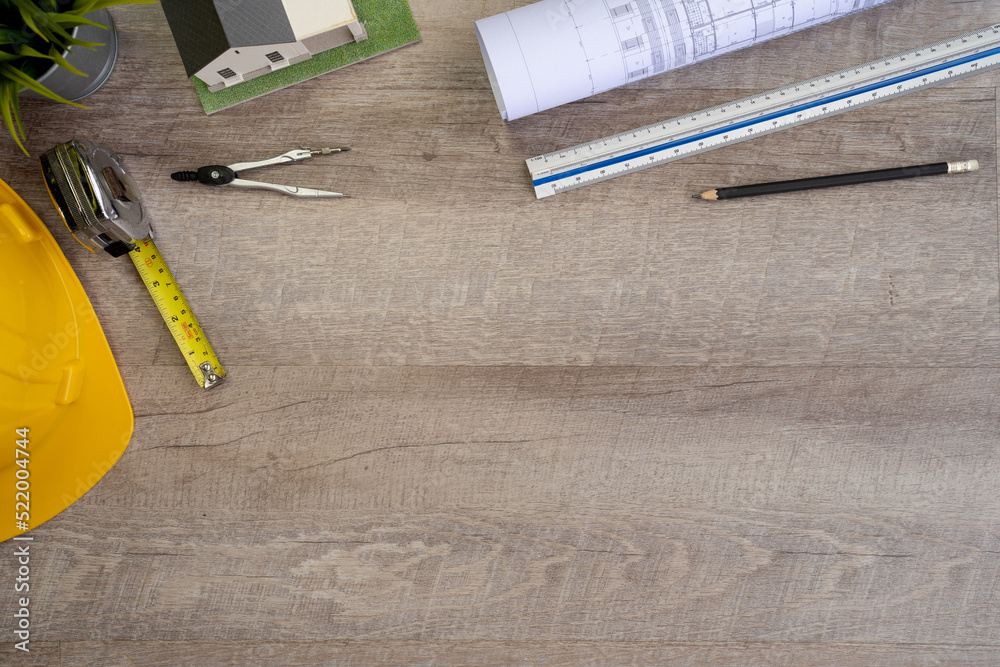 Flat lay top view desk work table with Blueprint drawing,Yellow Helmet ...