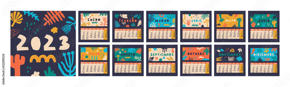 Spanish calendar for 2023. Week starts on Monday, 12 months. Cute ...