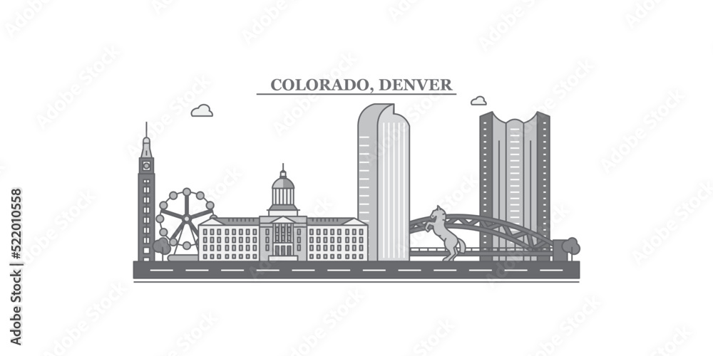 United States, Denver city skyline isolated vector illustration, icons ...
