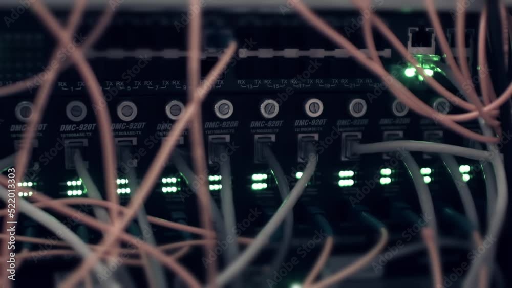 Data Center Server Router Blinking Leds. Many wires, connectors ...