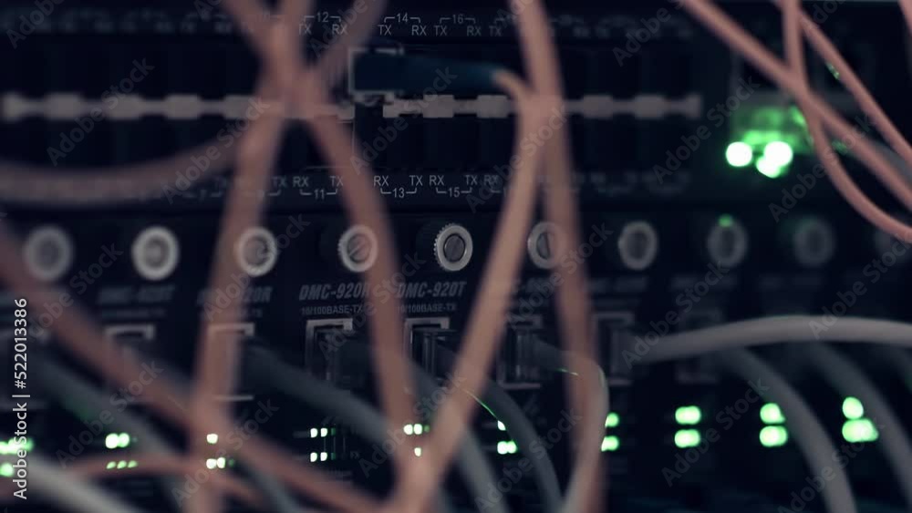 Data Center Server Router Lan Cables Ports. Many wires, connectors ...