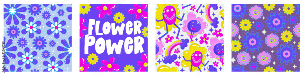 Daisy flower power poster set for print design. Abstract trippy ...