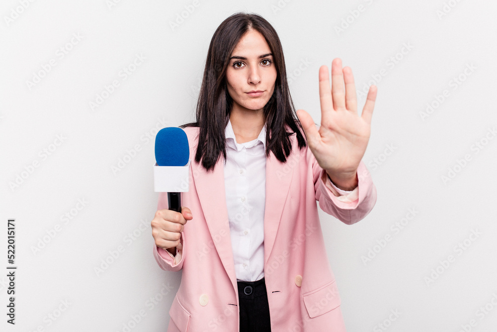 Young TV presenter caucasian woman isolated on white background ...