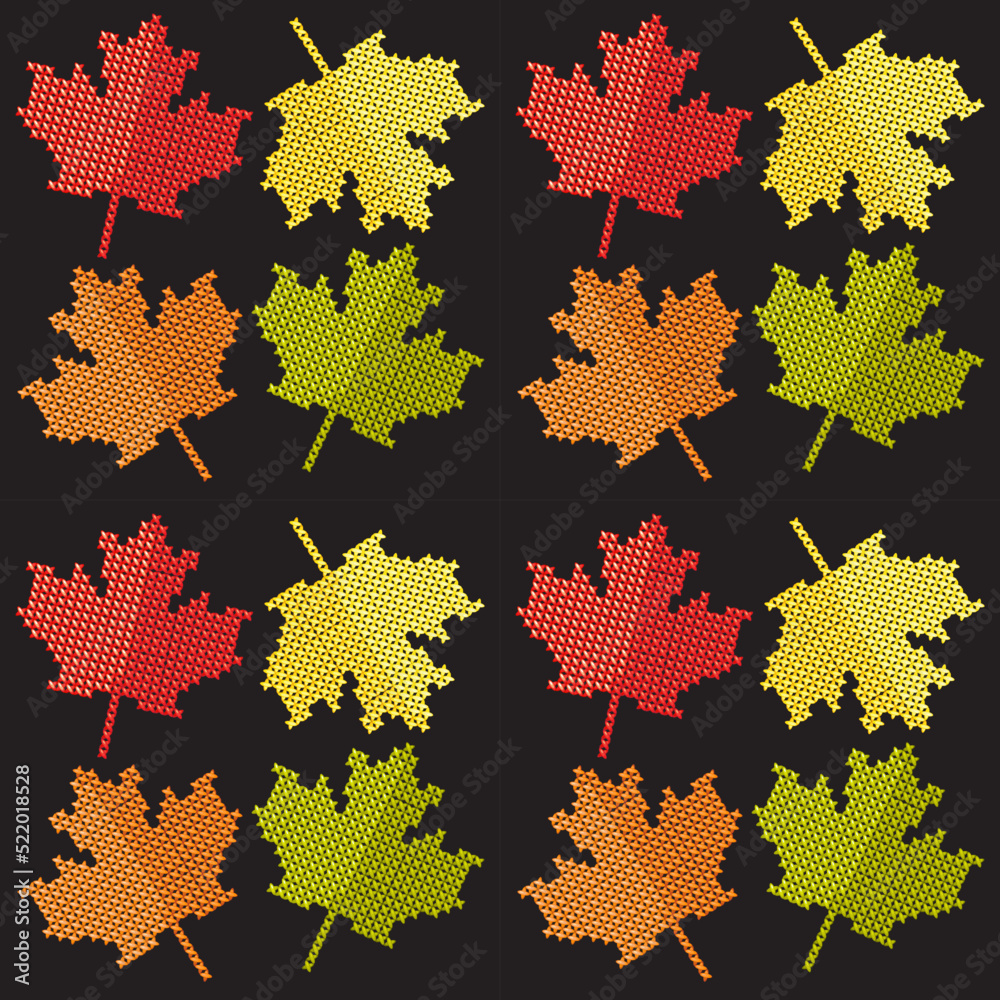 Autumn leaves seamless pattern,background. Pixel cross-stitch ...