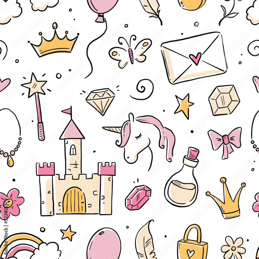 Hand drawn princess doodle seamless pattern. Beauty pattern with cute ...