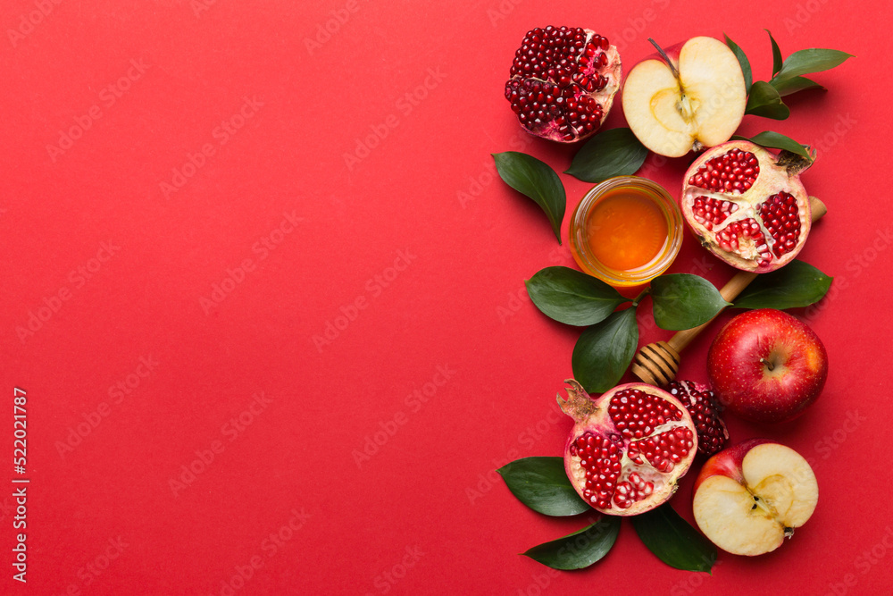Flat lay composition with symbols jewish Rosh Hashanah holiday ...
