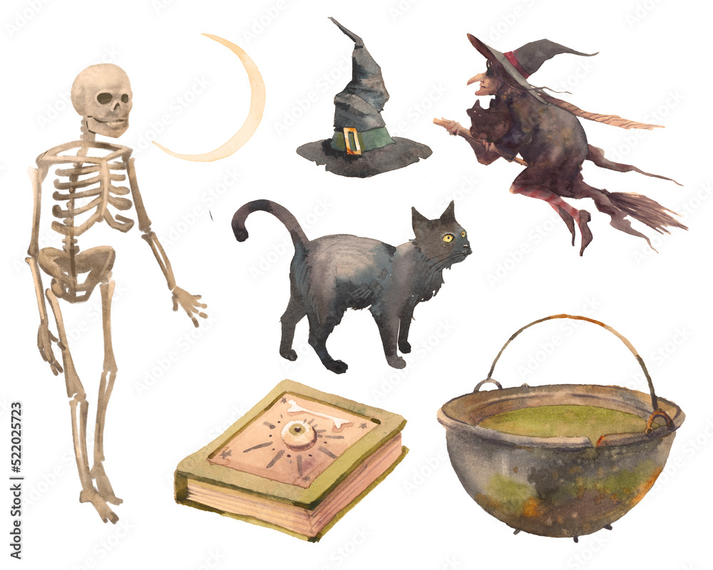 Watercolor Halloween png set. Black cat, cauldron, witch, skeleton ...
