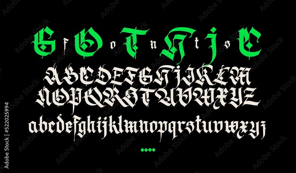 Gothic. Uppercase and lowercase white letters on a black background ...