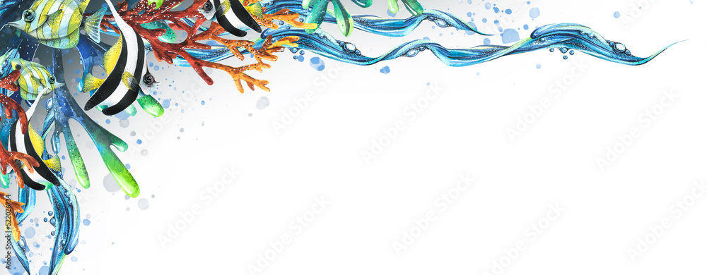 Corner frame with tropical, bright, coral fish, waves of water and ...