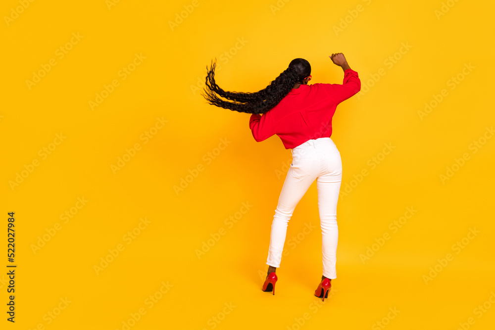 Full body back rear view photo of young excited woman dance hang-out ...