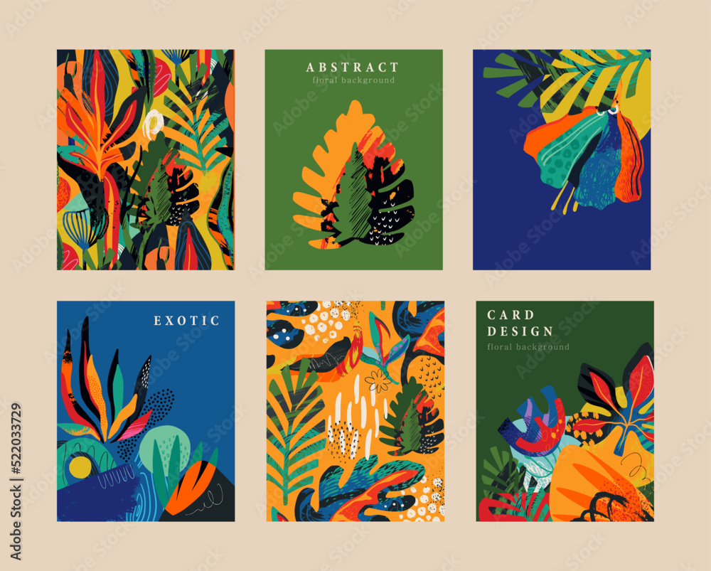 Set of six vector pre-made cards in modern abstract style with nature ...