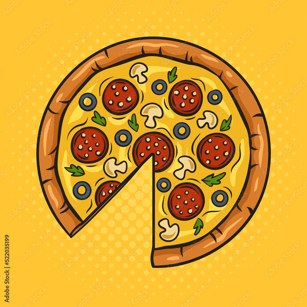 Pizza with pepperoni sausage pop art retro raster illustration. Comic ...