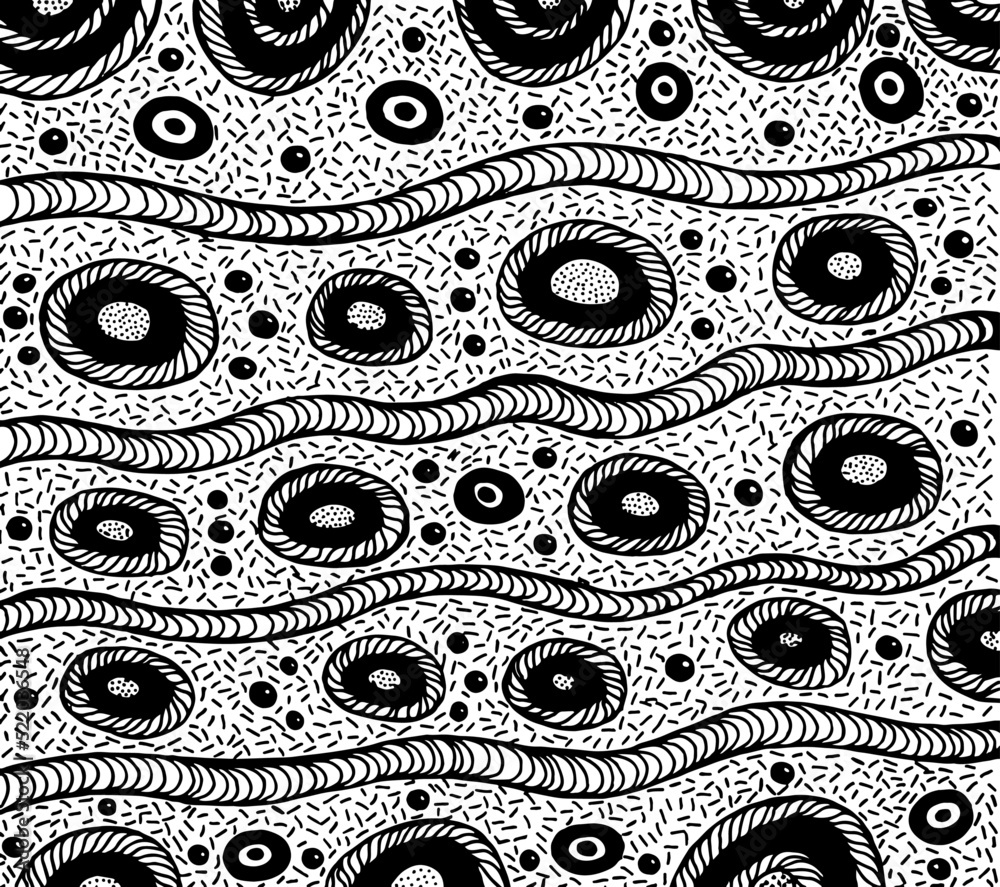 Trippy boho geometric pattern with lines, waves and circles. Black and ...