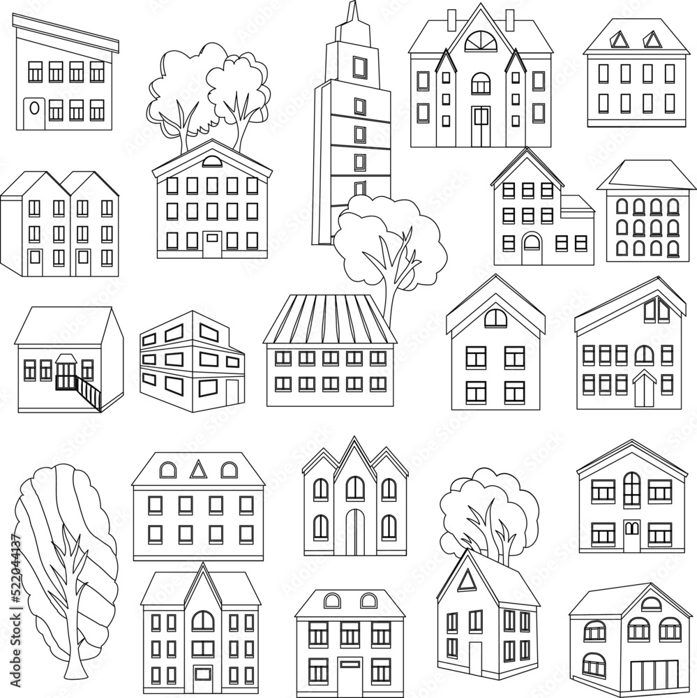 Vector coloring house. Simple drawing of houses for coloring. A set of ...