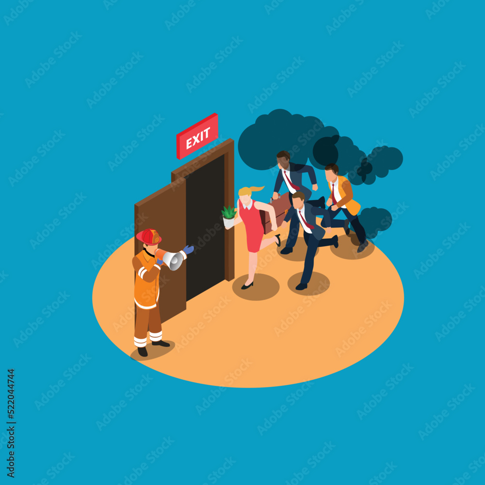 Fireman with Megaphone Announce Fire Emergency Evacuation isometric 3d ...