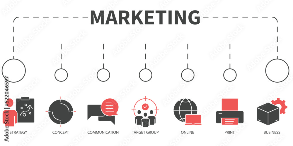 marketing Vector Illustration concept. Banner with icons and keywords ...