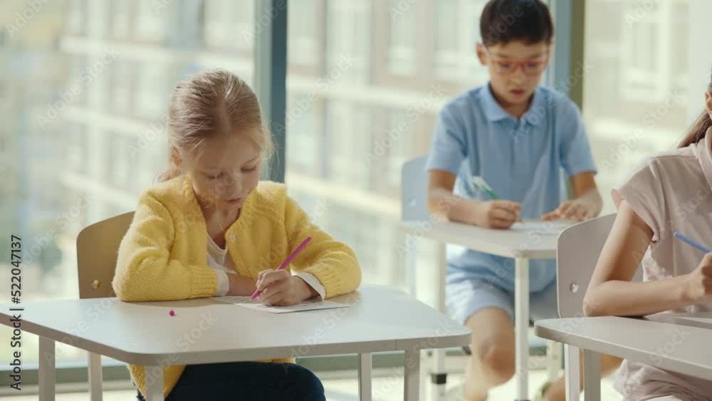 Female caucasian pupil doing test carefully and listening the teacher ...