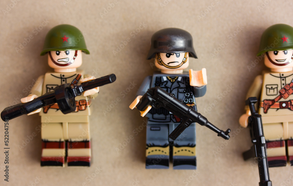 Kyiv, Ukraine. March 9, 2022. Military man with machine gun. LEGO ...