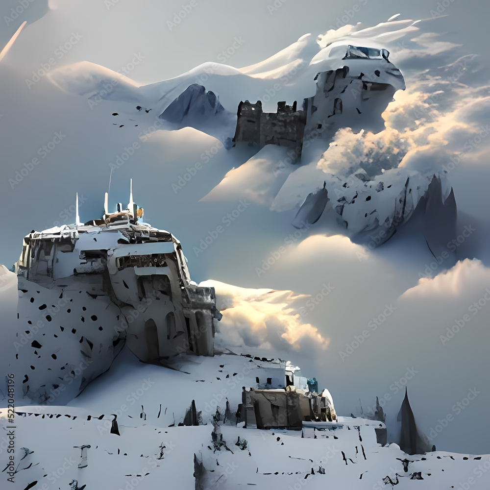 futuristic sci-fi fantasy castle fortess on snowy mountain top - video ...