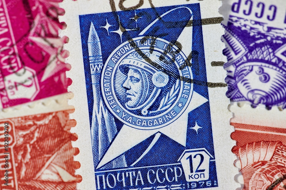 USSR stamp from 1976 commemorating pilot Yuri Alekséyevich Gagarin's ...