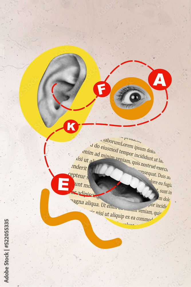 Vertical collage illustration of human facial parts mouth eye ear black ...