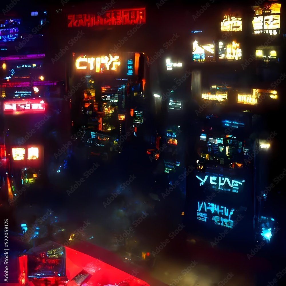 Dark neon lit city plaza view from overhead at night - cyberpunk sci-fi ...