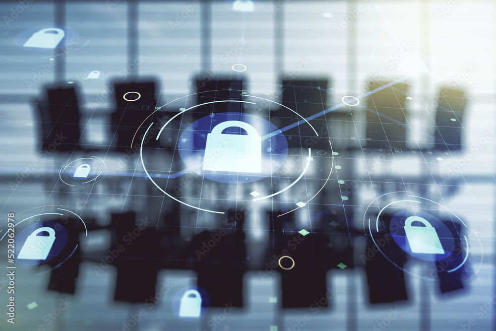 Virtual creative lock symbol and microcircuit illustration on a modern ...