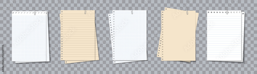 Note pad. Paper sheets for memo. Different notebook with clip ...