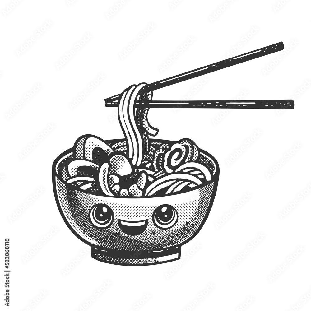 Cartoon ramen Japanese noodle dish sketch halftone pattern vector ...