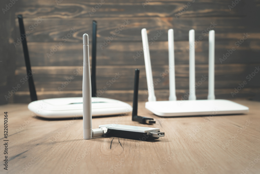 Stockfoto Different types of Wi-Fi routers, modern and old technology ...