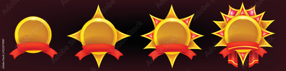 Game badge medal set, UI level up frame icon, golden ranking award, red ...