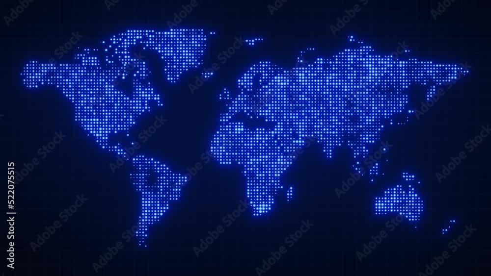 Global map of the world. Blue world map with red flashing dots, network ...