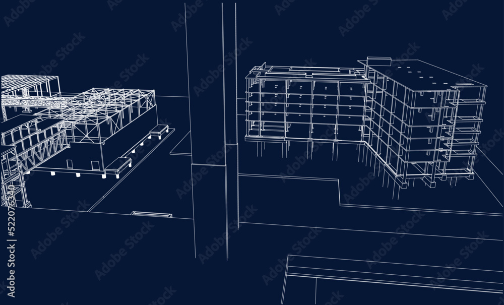 construction site engineering with frame structure 3D illustration line ...