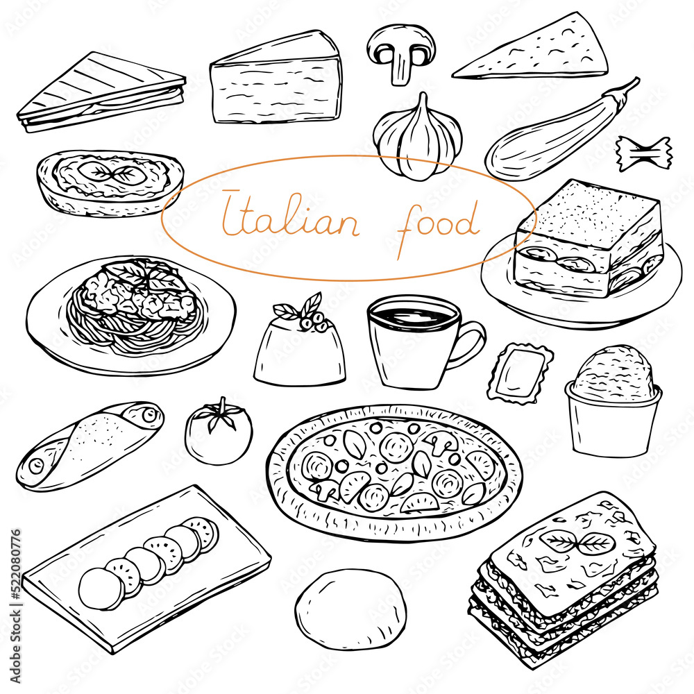 Italian food set vector illustration, hand drawing outline sketch Stock ...