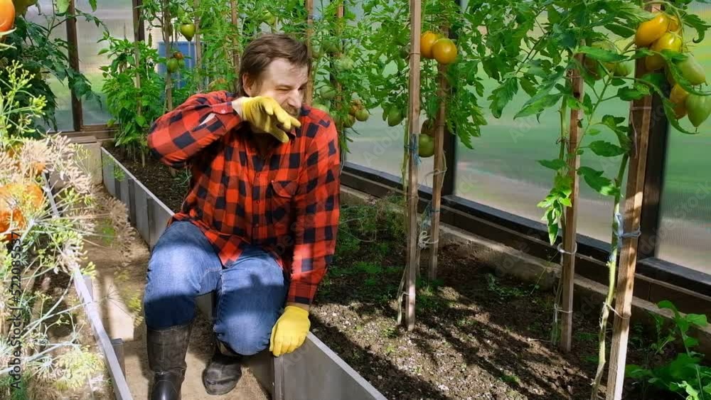 Vidéo Stock Tired farmer. Male gardener looking tired after day of work ...