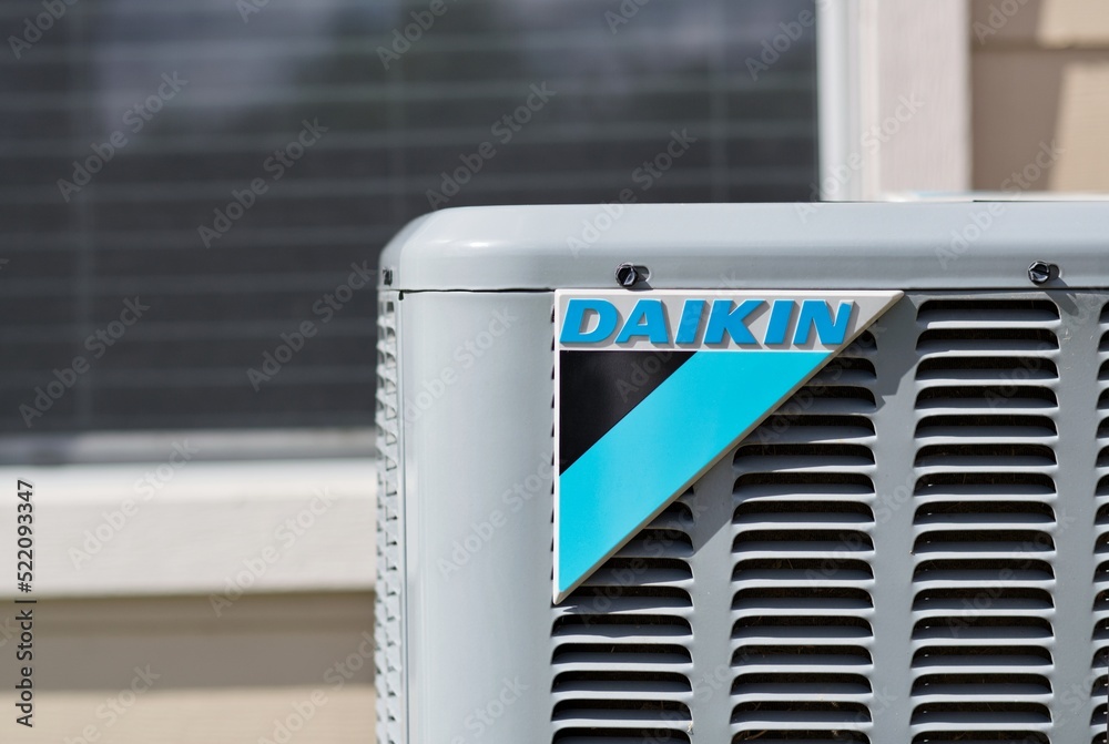 Daikin air conditioner unit, corner view at eye level with logo and ...