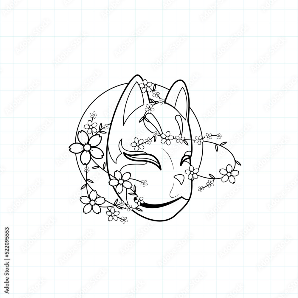 Japanese kitsune mask coloring page, Vector illustration eps.10 Stock ...