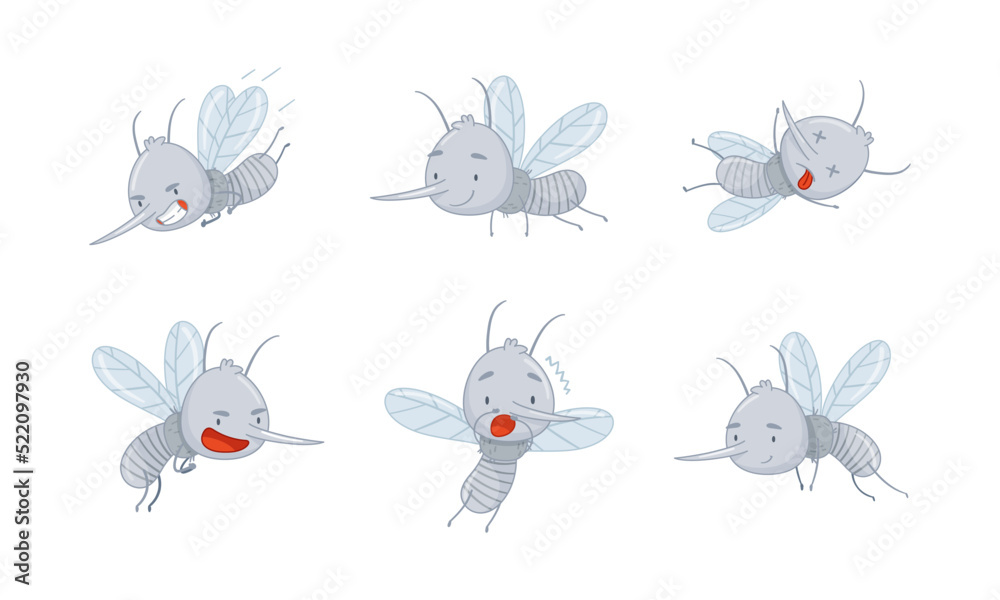 Cute Cartoon Mosquito Character as Small Flying Gnat with Proboscis ...