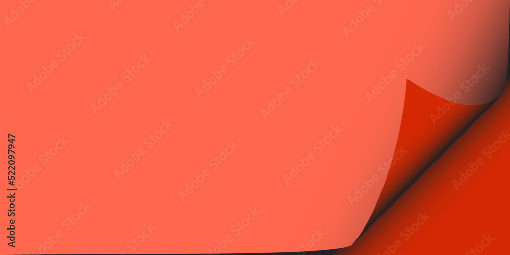Curled coral color paper. Page Curl. Bright orange corner. Copy space ...