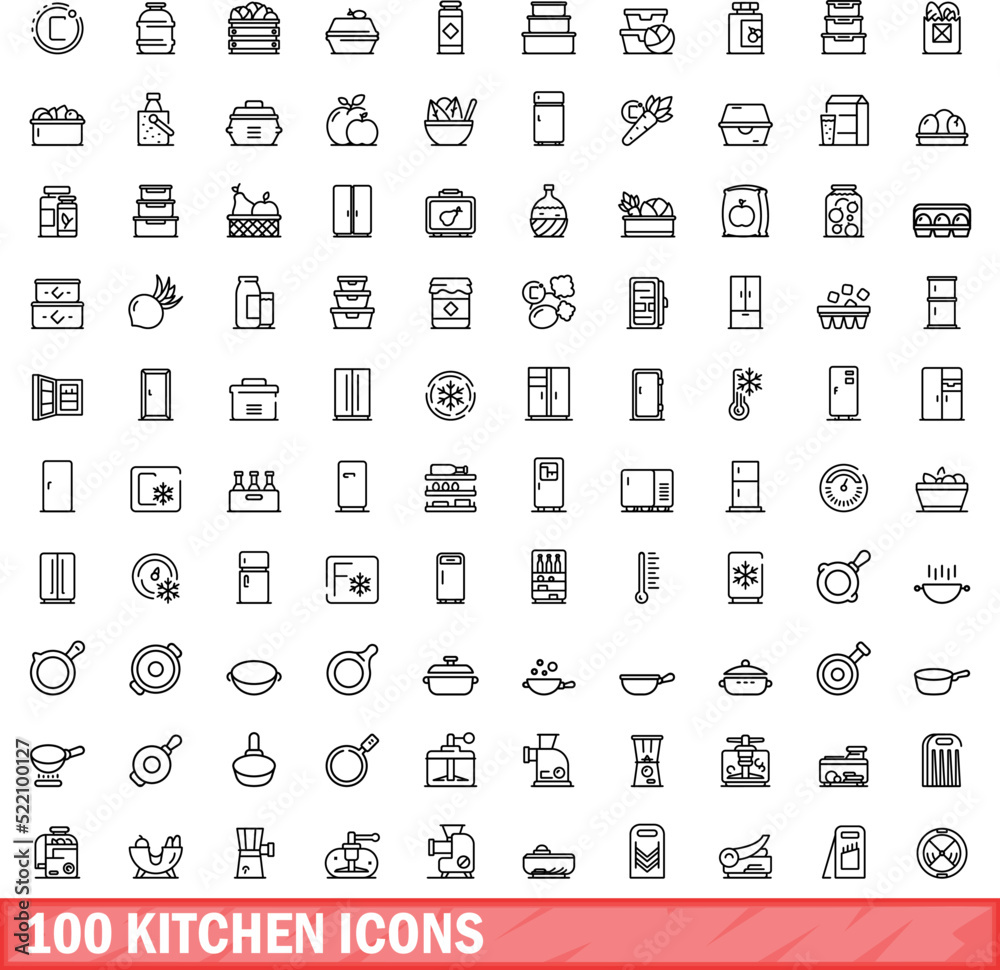 100 kitchen icons set. Outline illustration of 100 kitchen icons vector ...